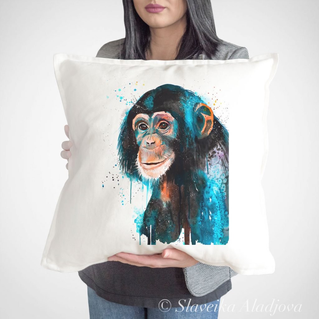 Baby Chimp Chimpanzee art Pillow case. Art by Slaveika Aladjova.