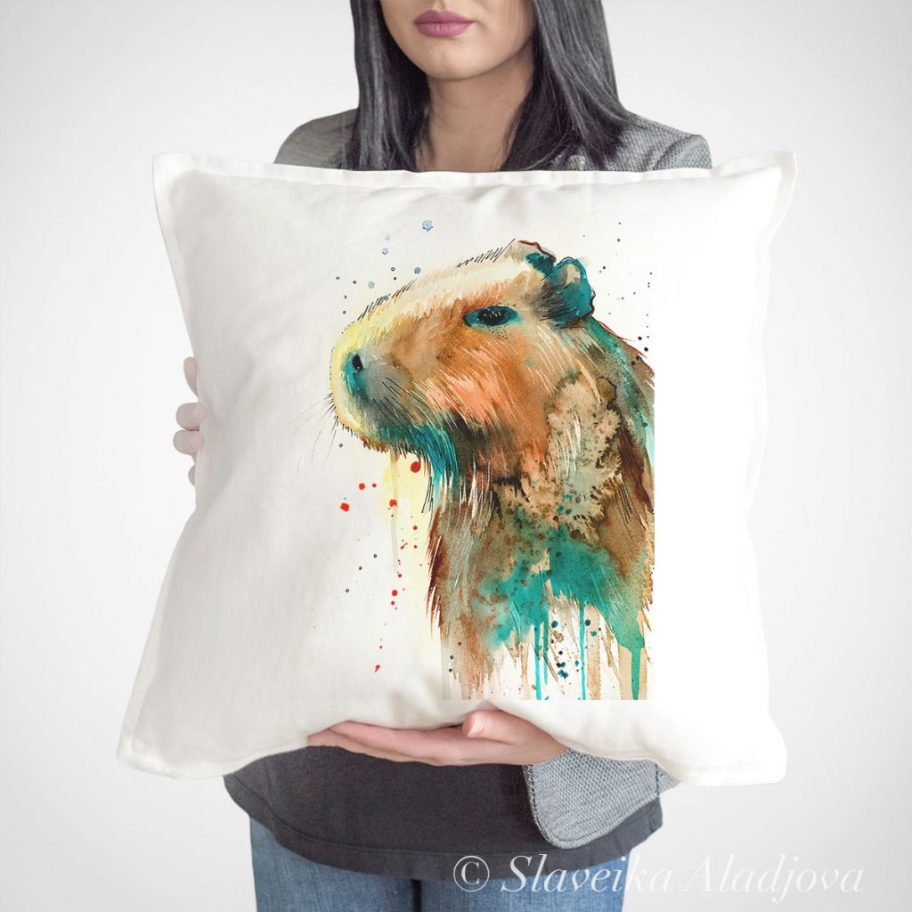 Capybara art Pillow case. Art by Slaveika Aladjova.