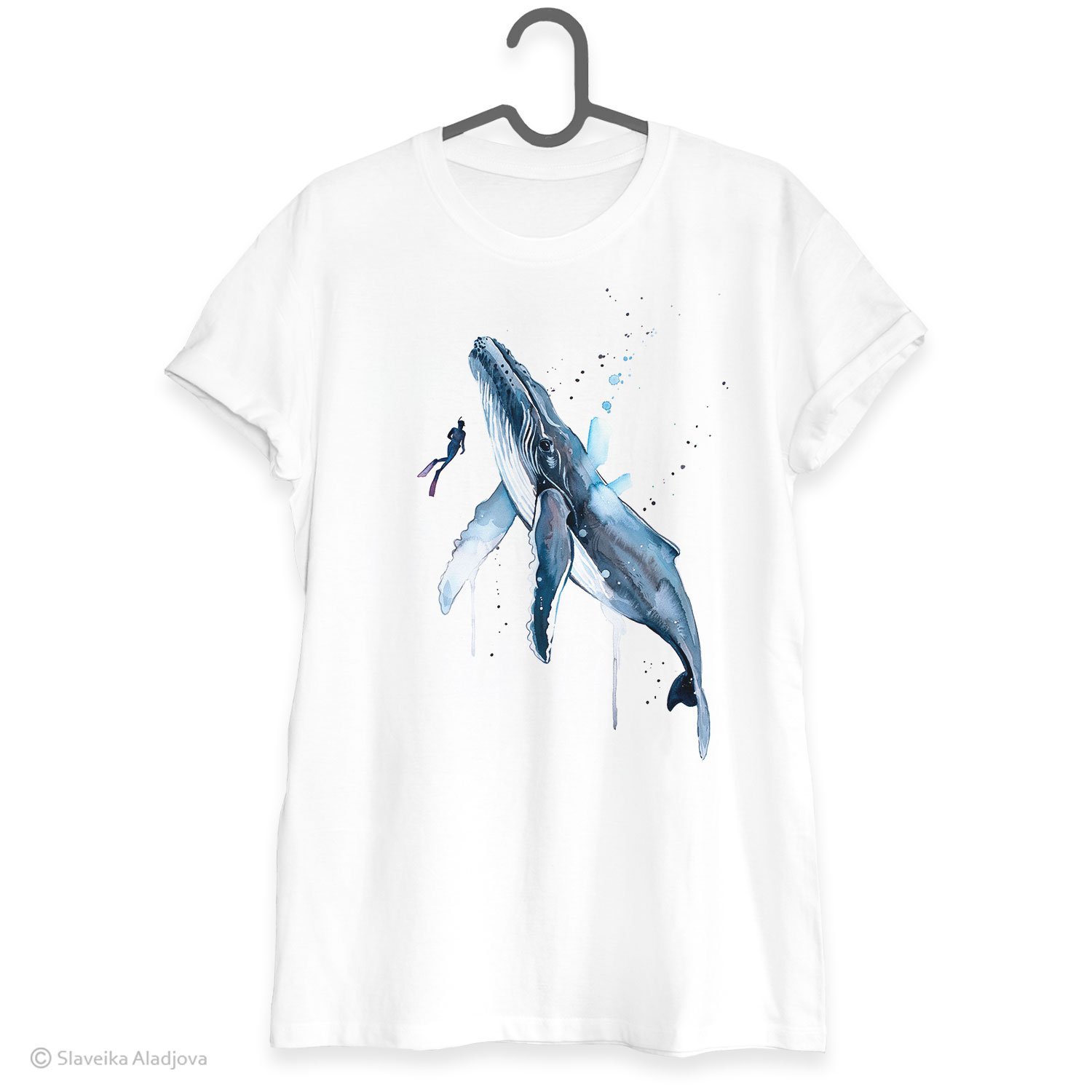 Scuba Diving with Humpback Whale art T-shirt. Art by Slaveika Aladjova.