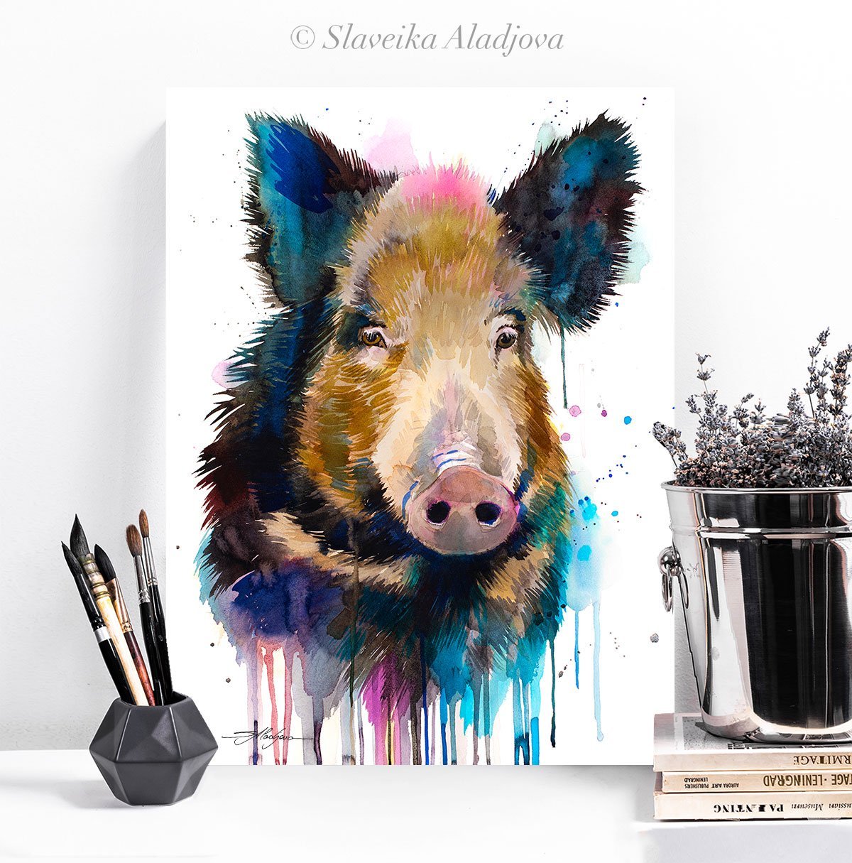 Wild boar watercolor painting print by Slaveika Aladjova
