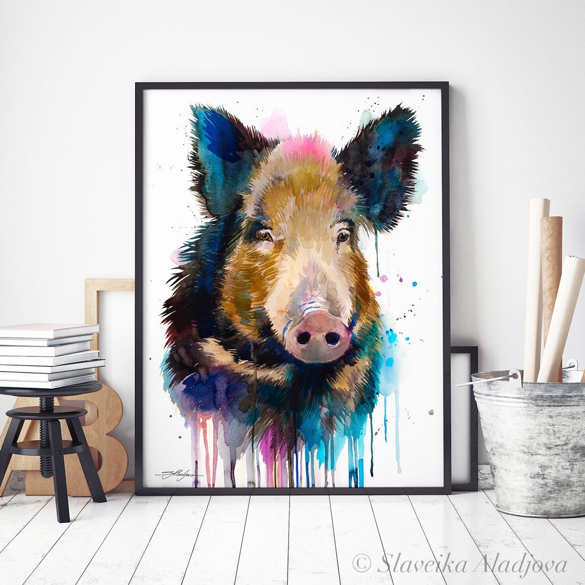 Wild boar watercolor painting print by Slaveika Aladjova