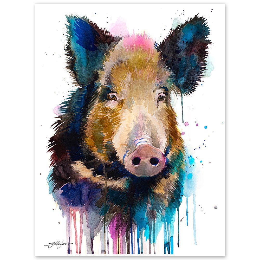 Wild boar watercolor painting print by Slaveika Aladjova