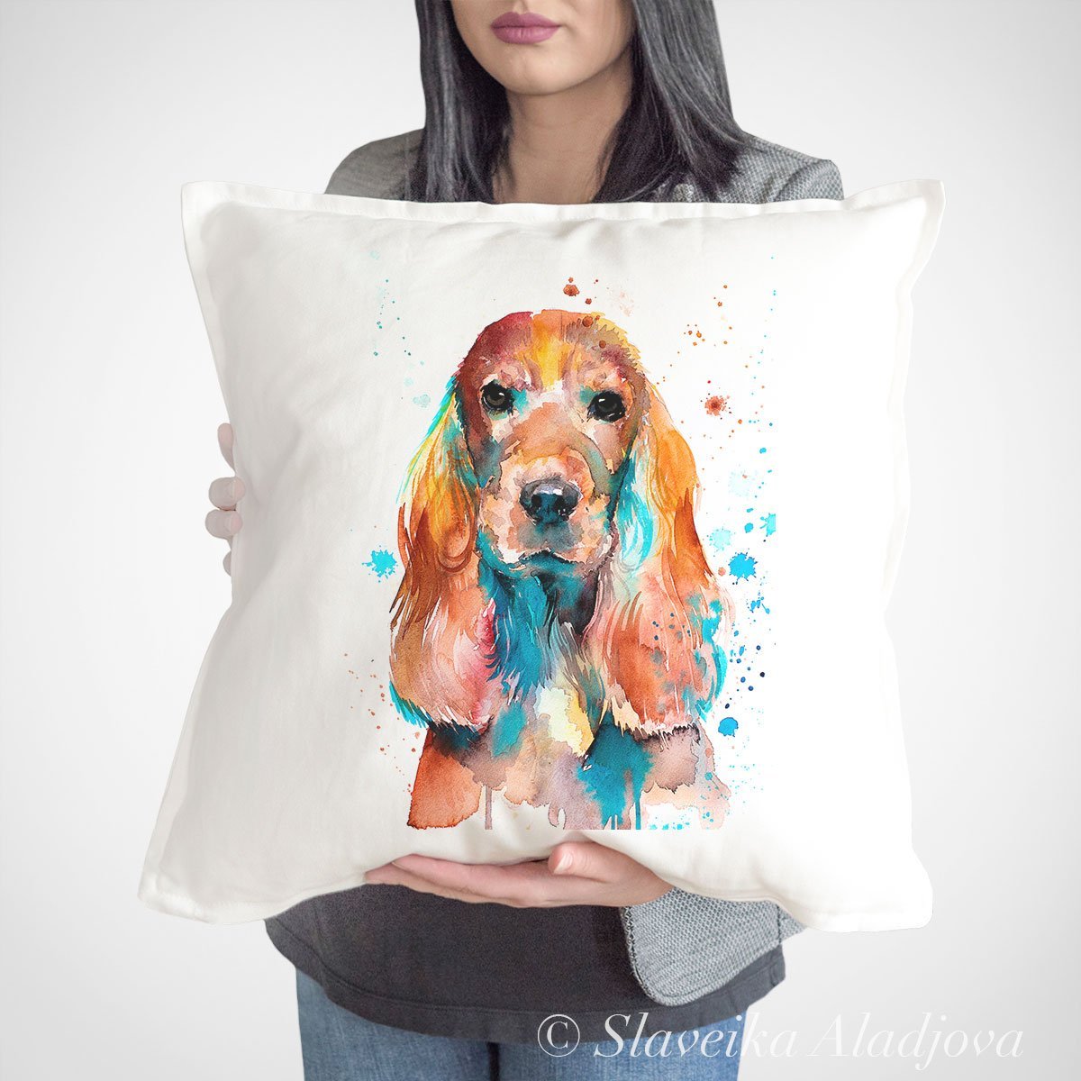 English Cocker Spaniel art pillow cover. Art by Slaveika Aladjova.
