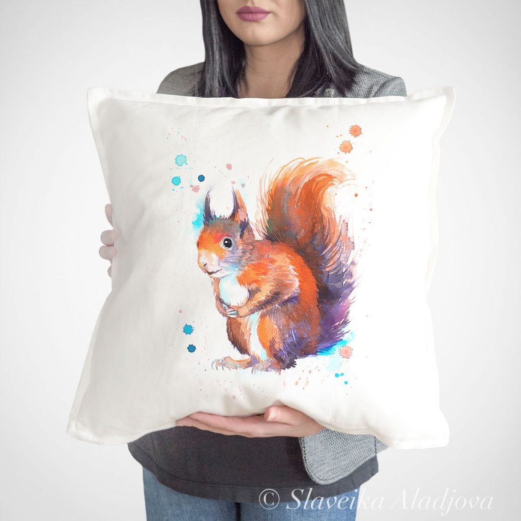 Red squirrel art Pillow case. Art by Slaveika Aladjova.