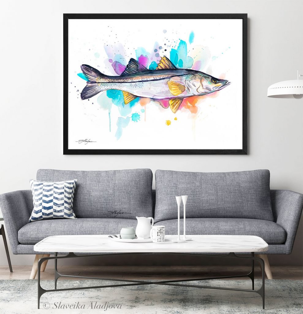 Common snook fish watercolor painting print by Slaveika Aladjova