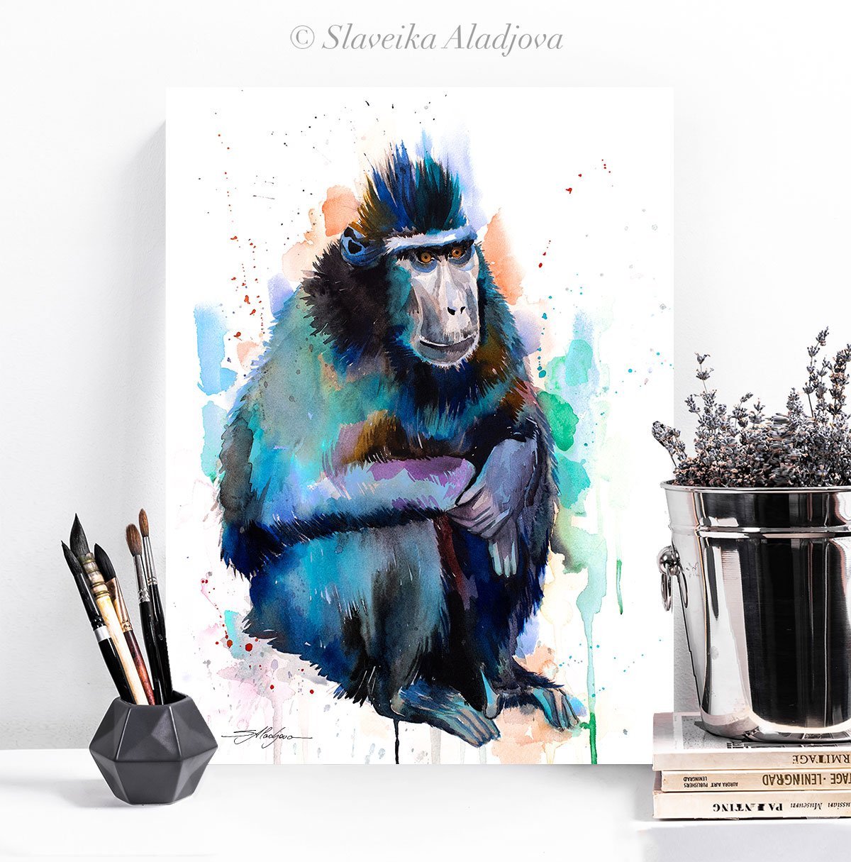 Celebes crested macaque monkey watercolor painting print by Slaveika ...