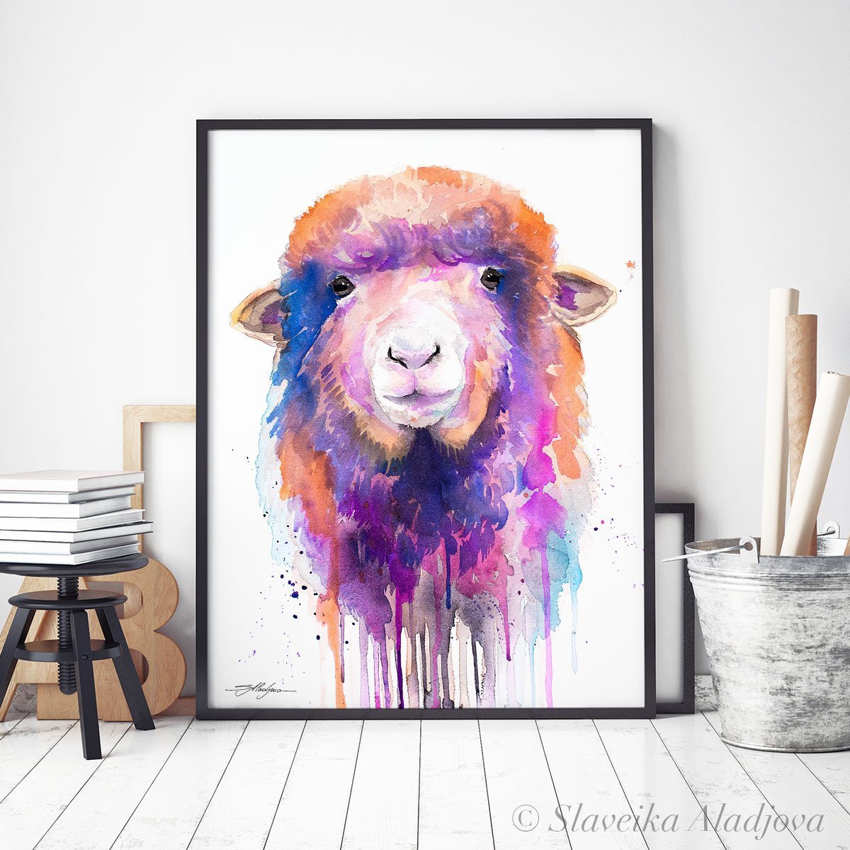 Colorful Sheep watercolor painting print by Slaveika Aladjova