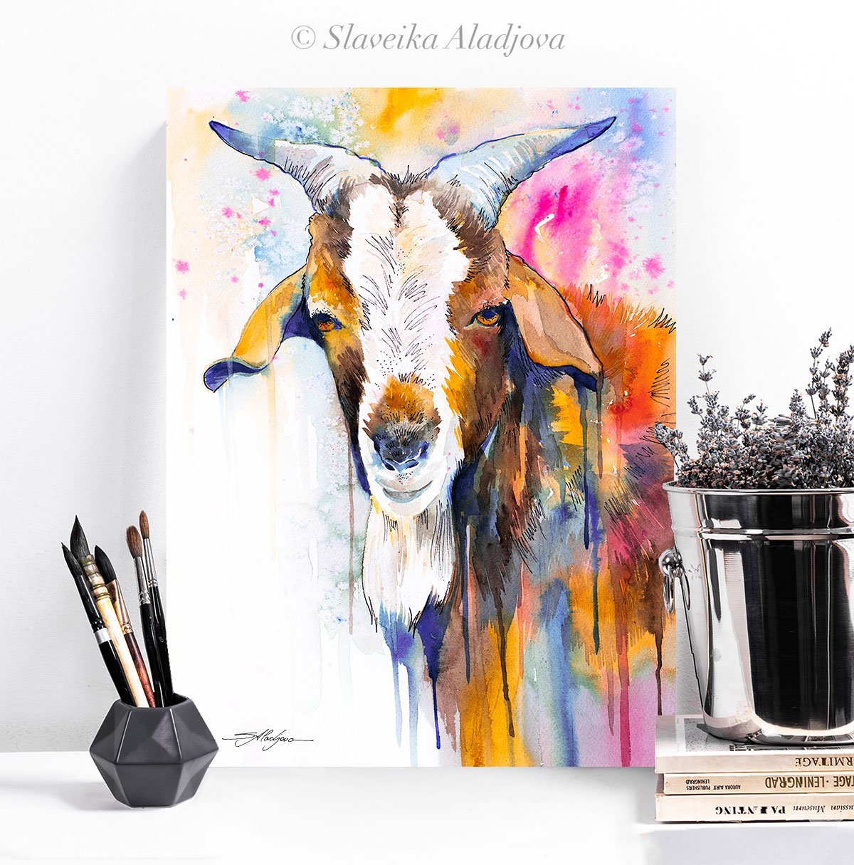 Goat watercolor painting print by Slaveika Aladjova